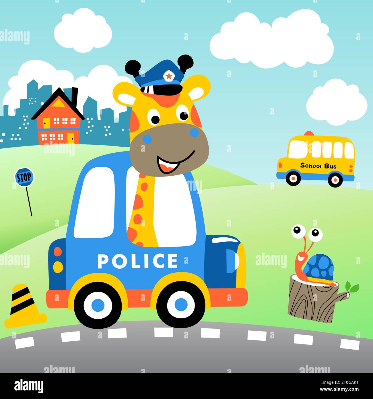 Cute giraffe driving police car with little snail on tree stump, city ...
