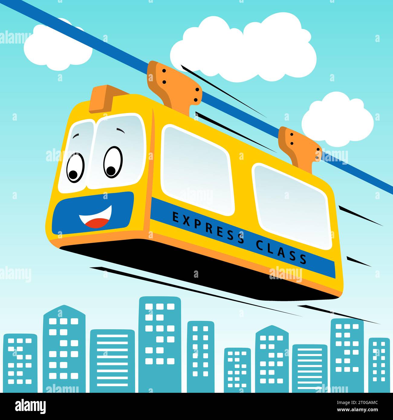 A funny cable car crossing over the city, vector cartoon illustration ...