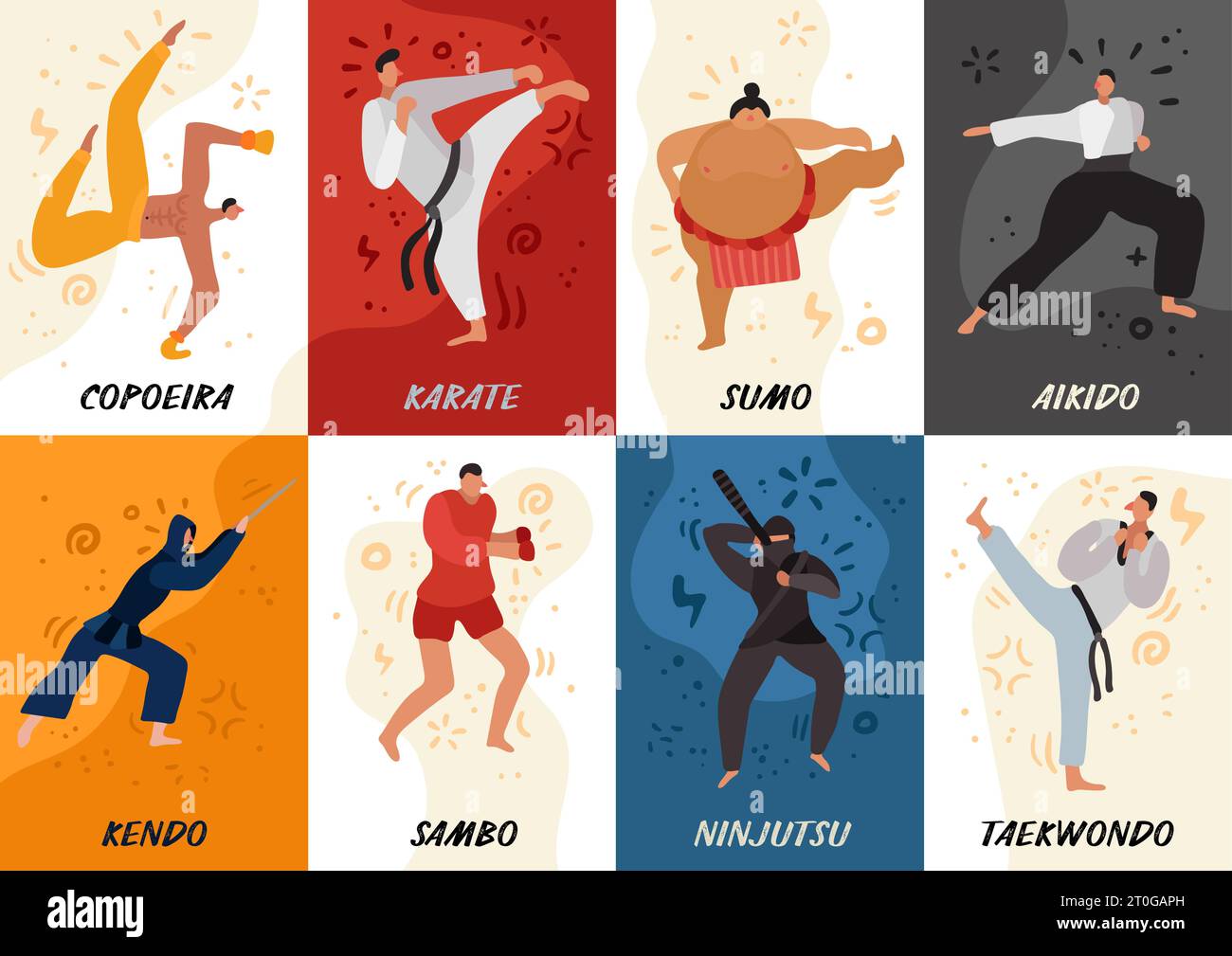 Set of flat cards fighters of various martial arts during exercise isolated on colorful ...