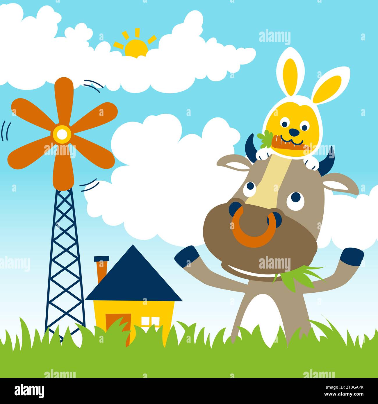 Funny cow and rabbit in farm land, vector cartoon illustration Stock ...