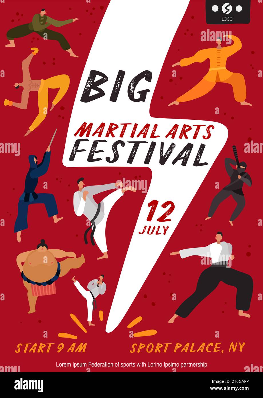 Martial arts festival poster with fighters on red background with white ...