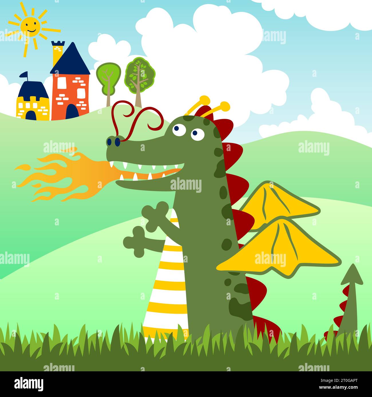 vector cartoon illustration of funny dragon with small castle Stock ...