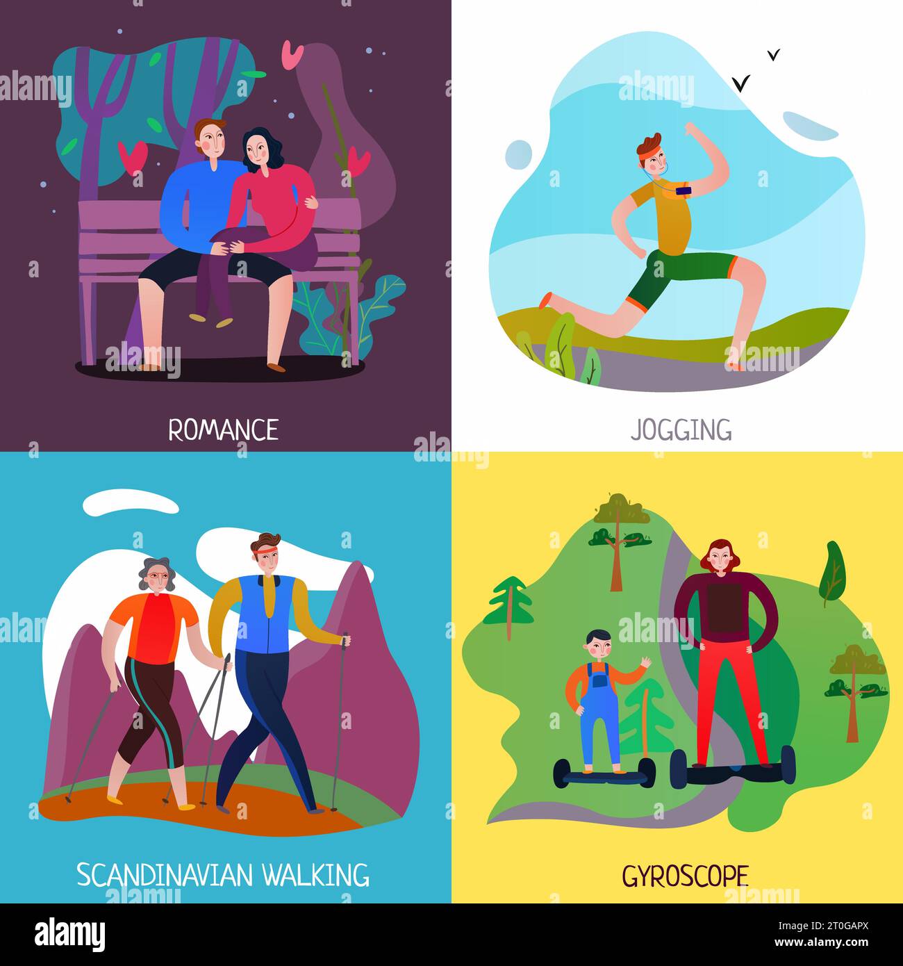 People walking and resting outdoors 2x2 flat design concept isolated ...