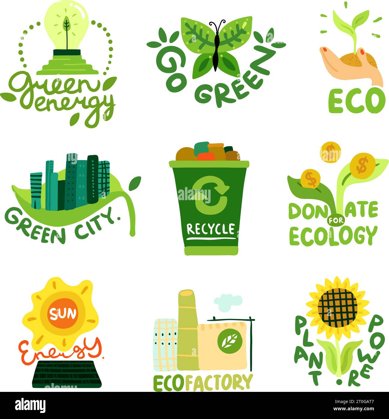 Ecological restoration flat emblems sun energy eco factory recycling of ...