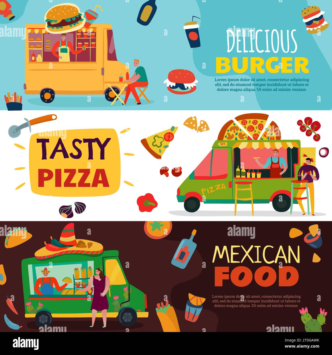 Food trucks horizontal banners set with burger and pizza symbols flat ...