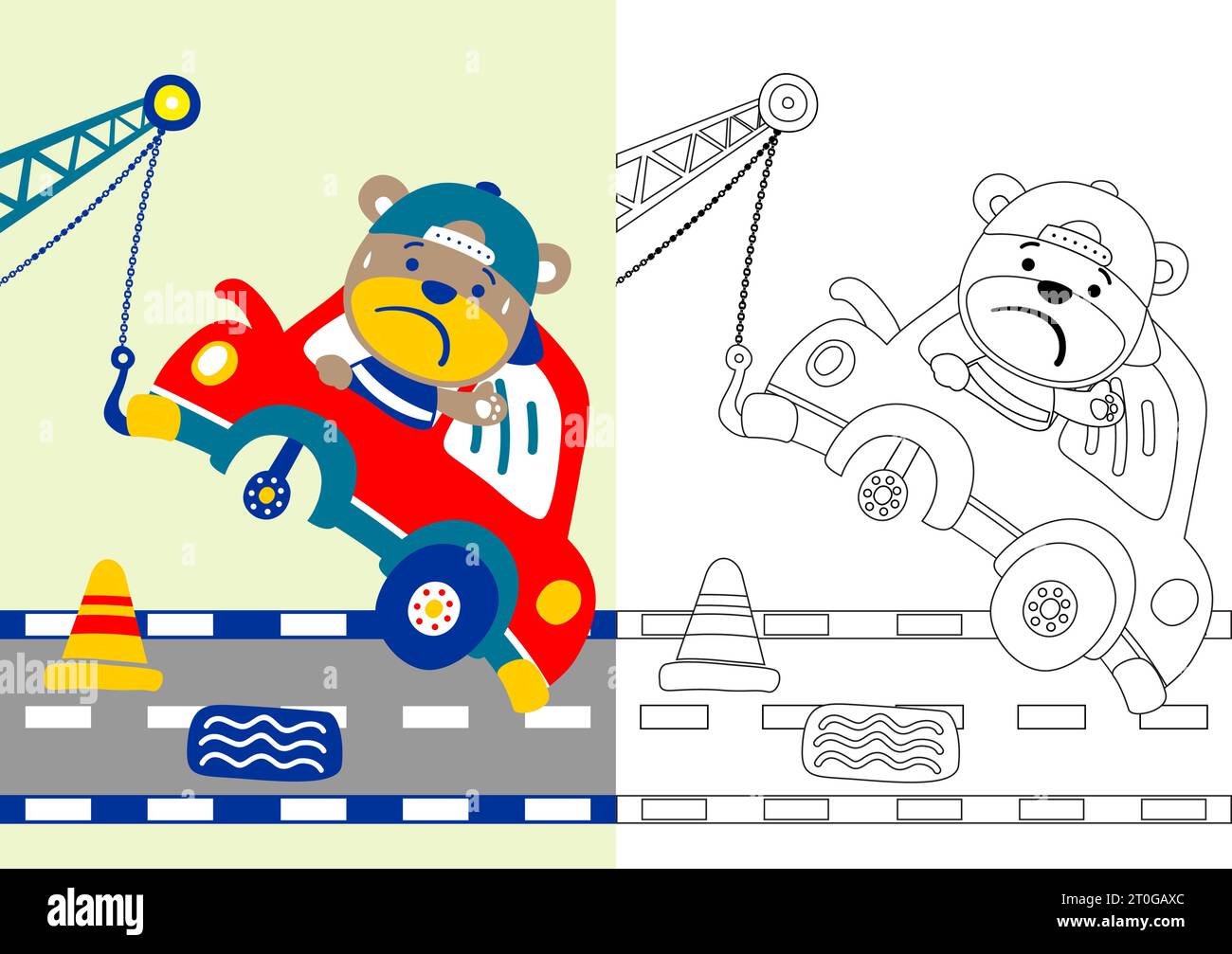 funny bear on break down car in the road, vector cartoon illustration ...
