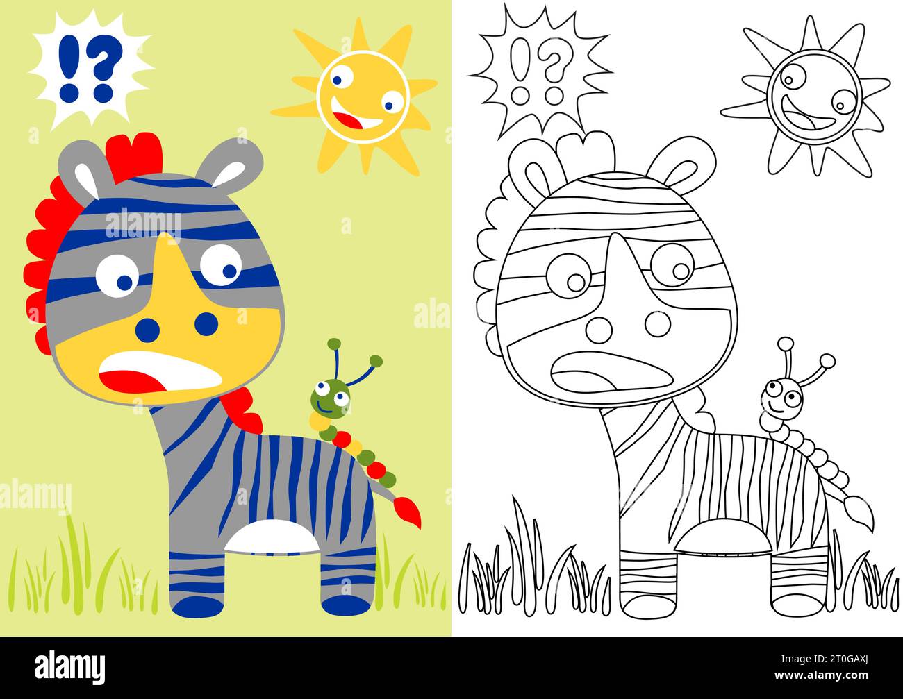 Zebra are afraid of caterpillar, vector cartoon illustration, coloring ...