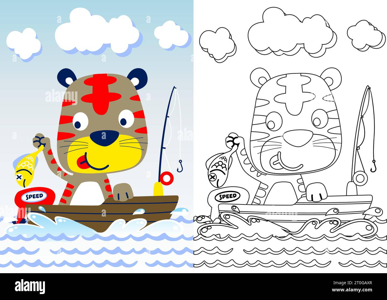 Cute cat fishing on boat, vector cartoon illustration, coloring book or ...