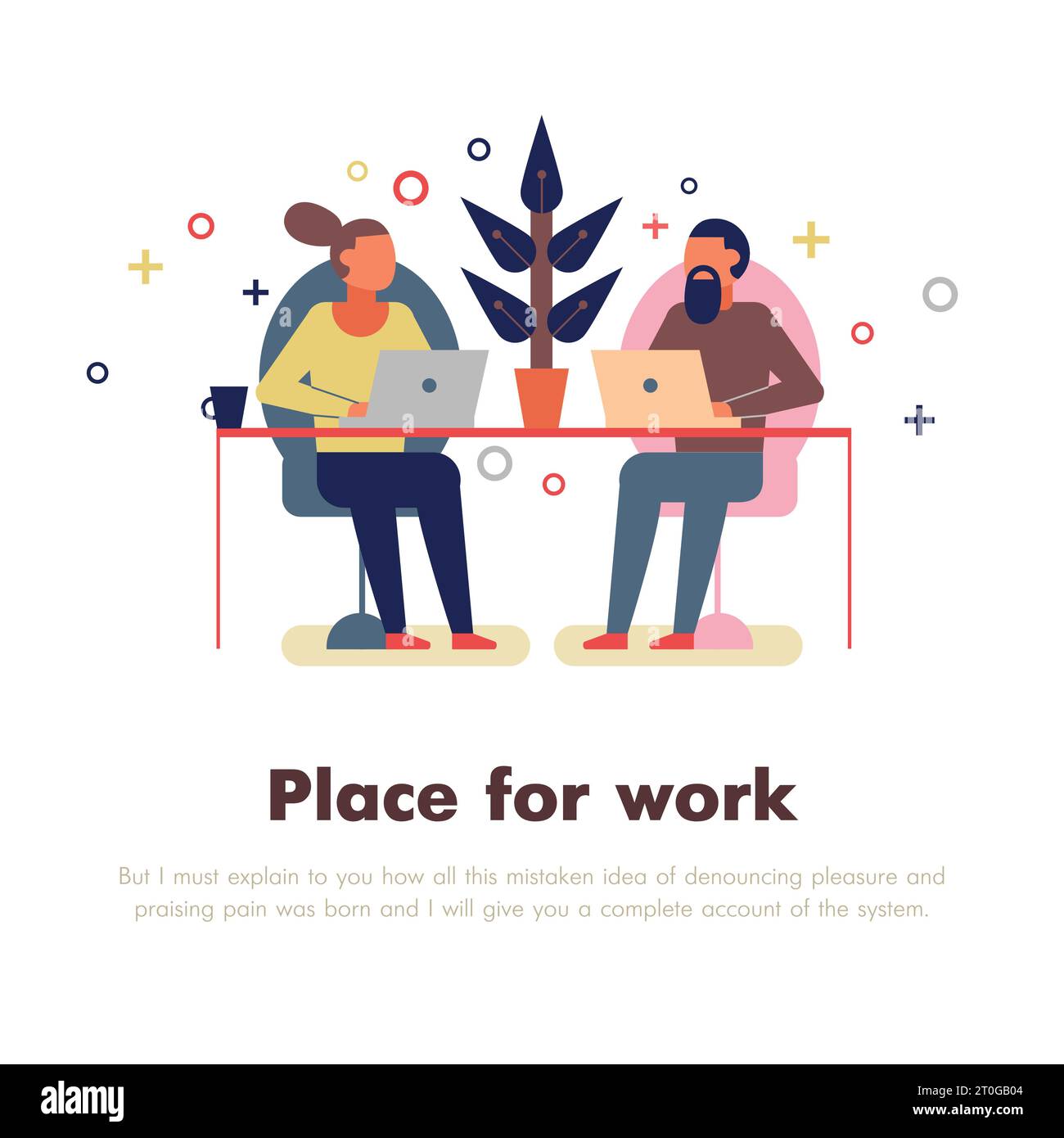 Coworking people with place for work and laptop symbols flat vector ...