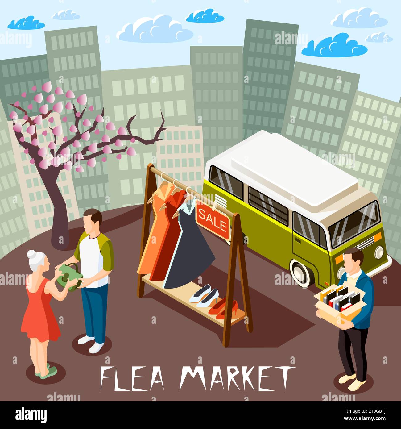 People choosing goods at flea market on cityscape background isometric ...