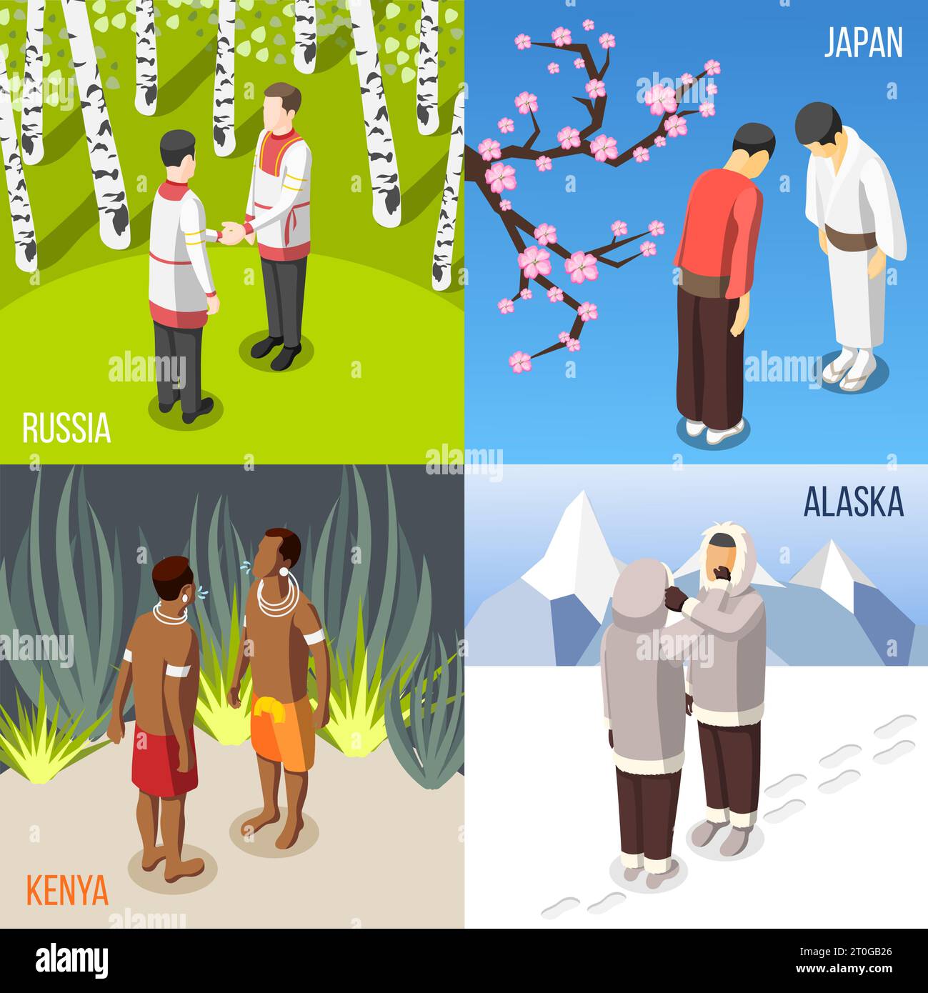 People from different countries greeting each other 2x2 isometric ...