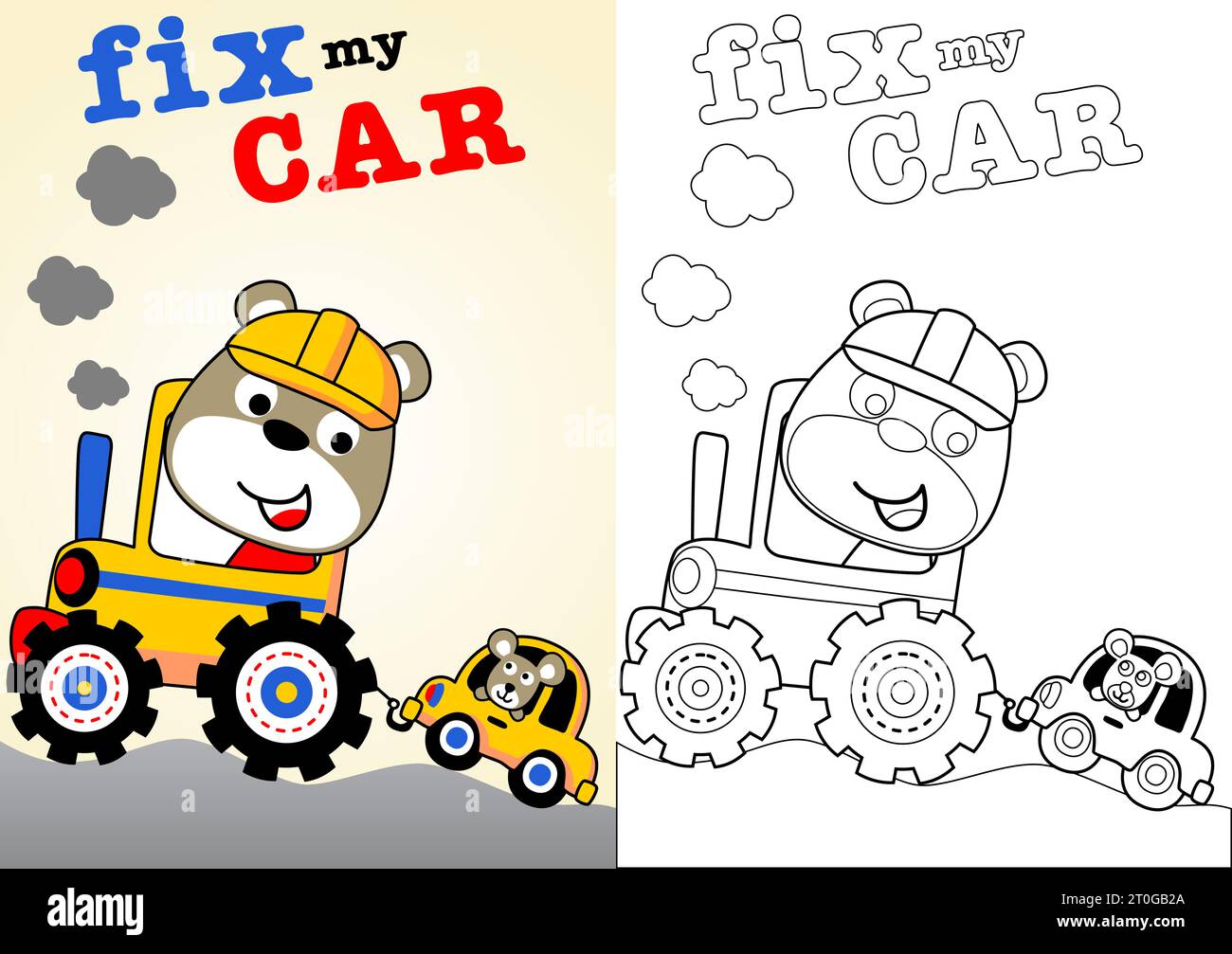 Cute bear driving tractor pulling mice on car, vector cartoon ...