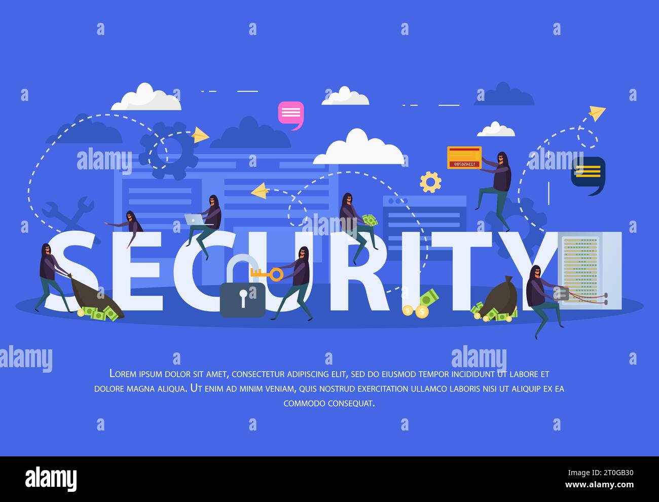 Cyber security flat composition with various hacker attacks on computer ...