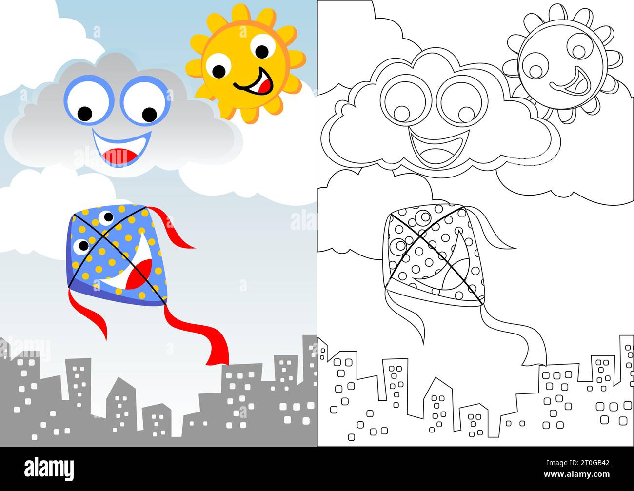 funny kite in the sky with sun and clouds, vector cartoon, coloring ...