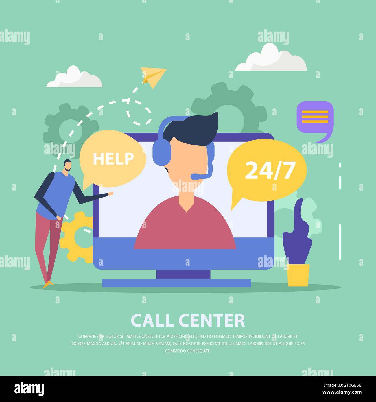 Operator of call center for client support in headset on computer ...