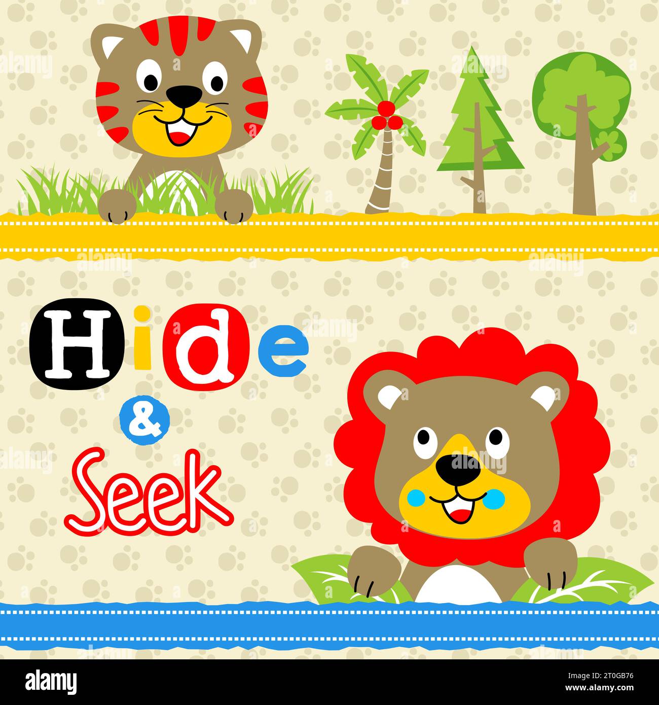 Cute tiger with lion playing hide and seek in forest, vector cartoon ...