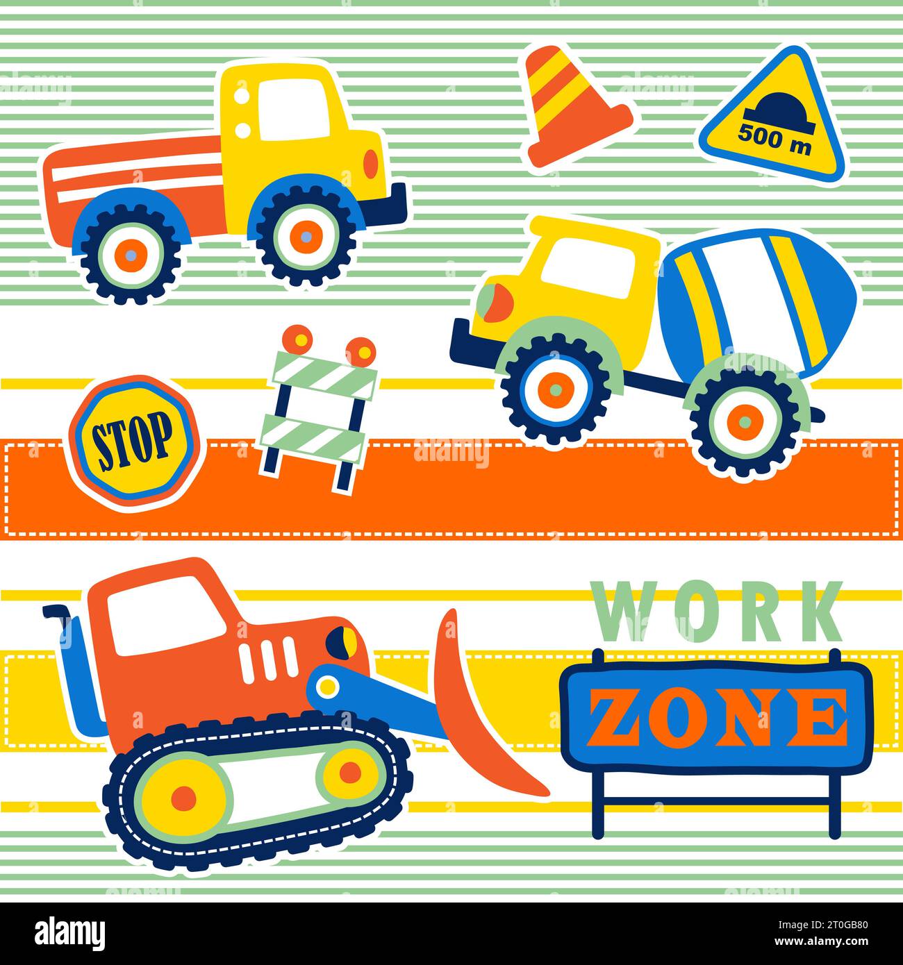 Construction vehicles with construction elements on colorful striped ...