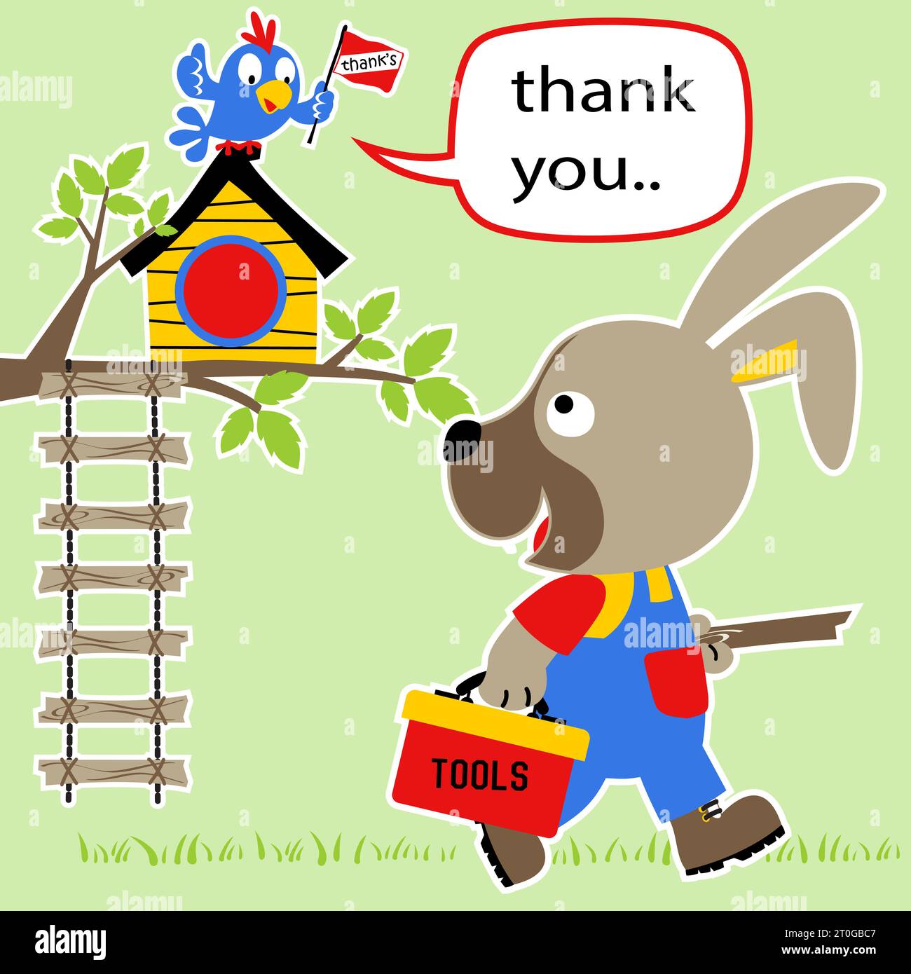 Cute rabbit the builder with a little bird on tree house, vector ...