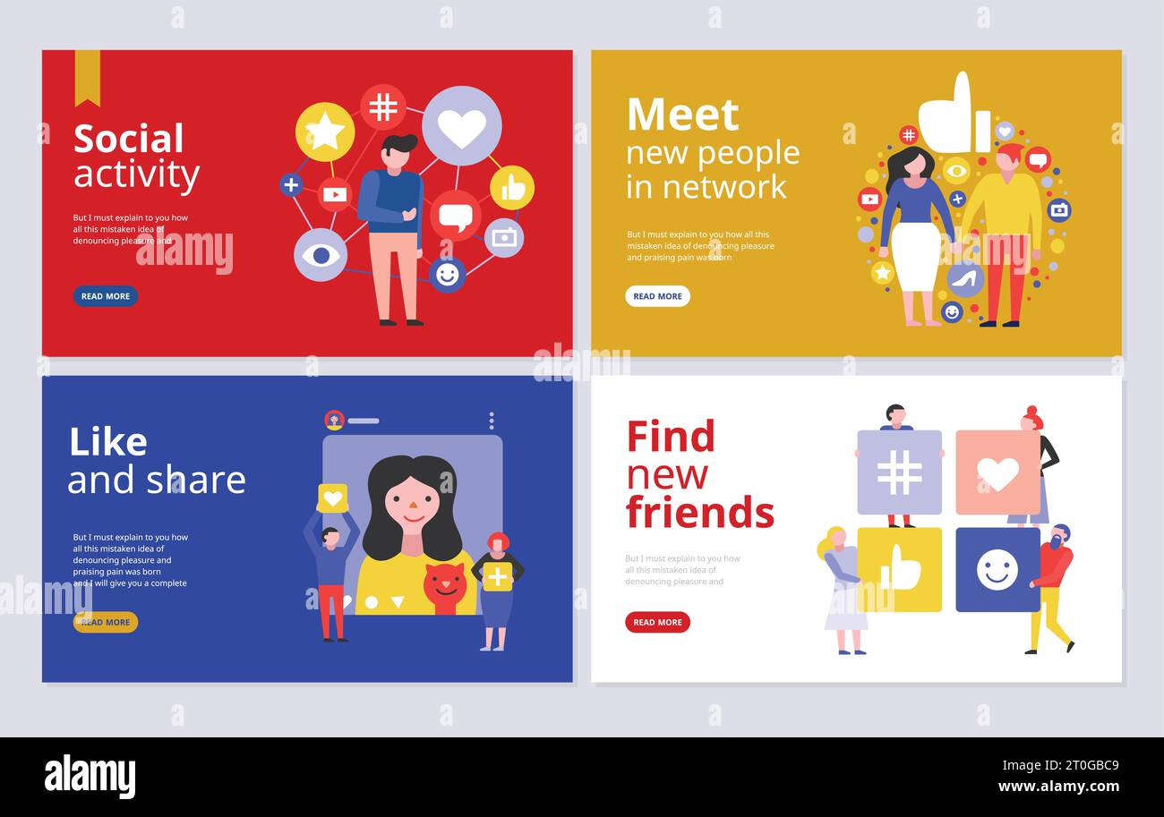 Social media concept 4 flat banners web page design for joining network ...