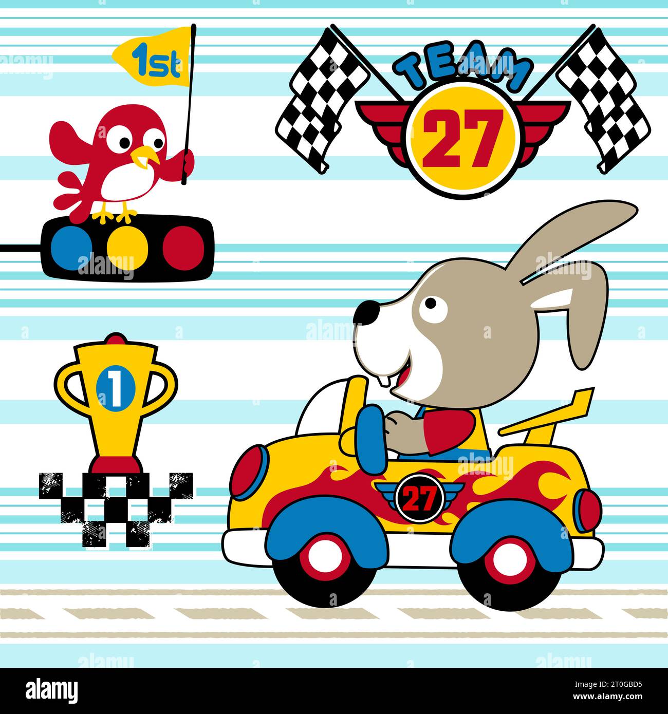 Bunny on racing car, cute bird holding flag on racing light, car racing ...