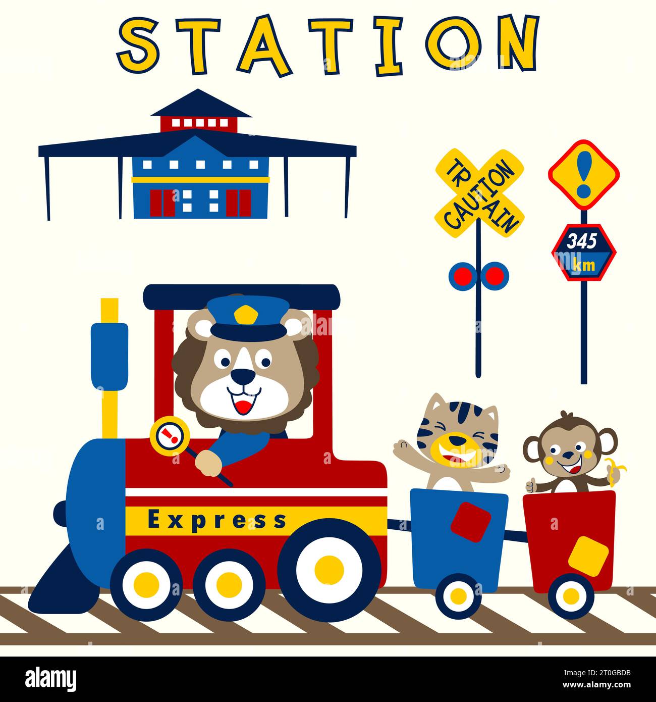 Funny animals on steam train with train elements, vector cartoon ...