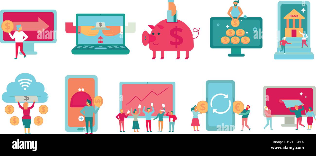 Finance set of flat icons with internet banking digital stock exchange ...