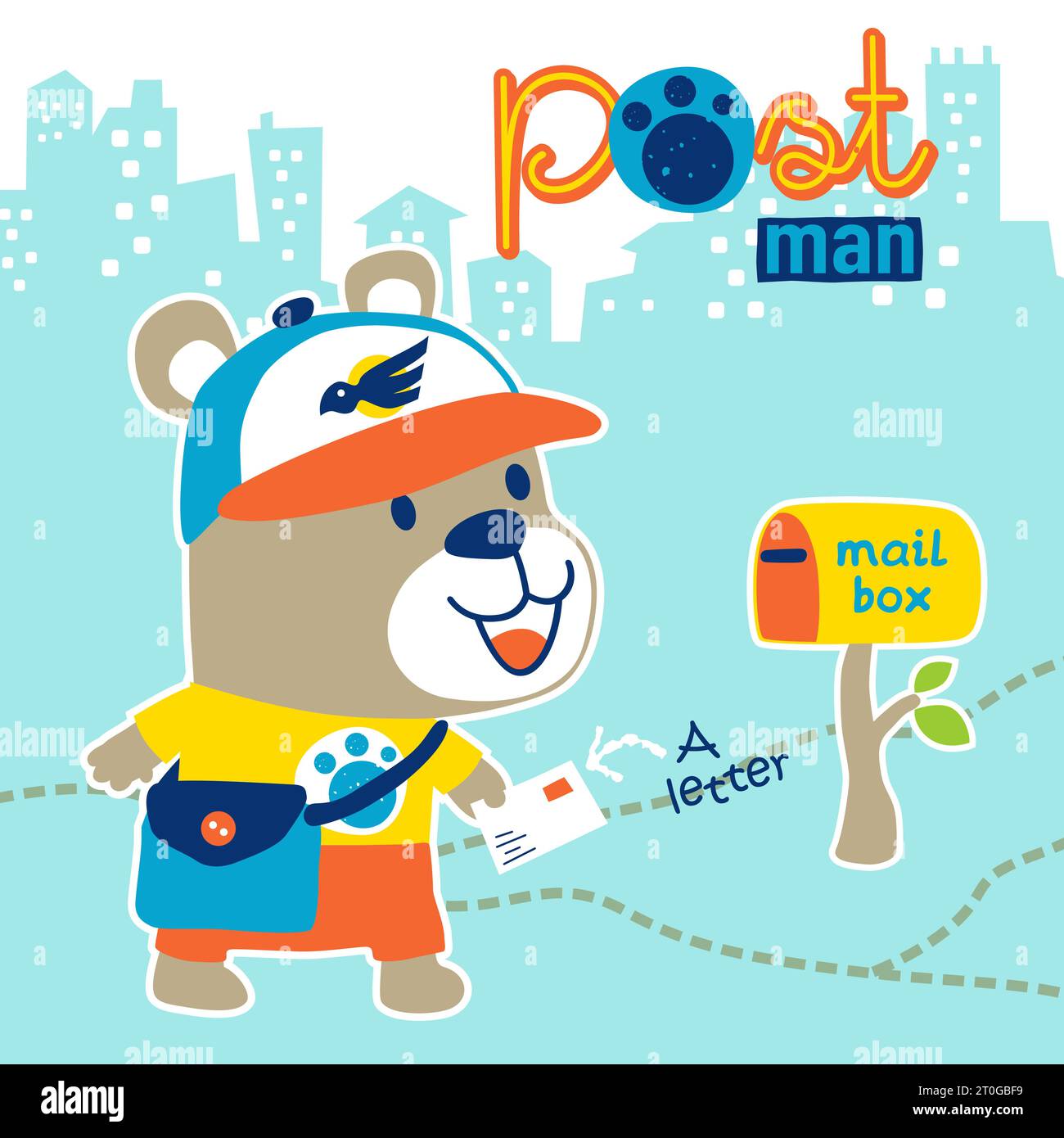 little bear the animals postman carrying letter with mail box, vector ...