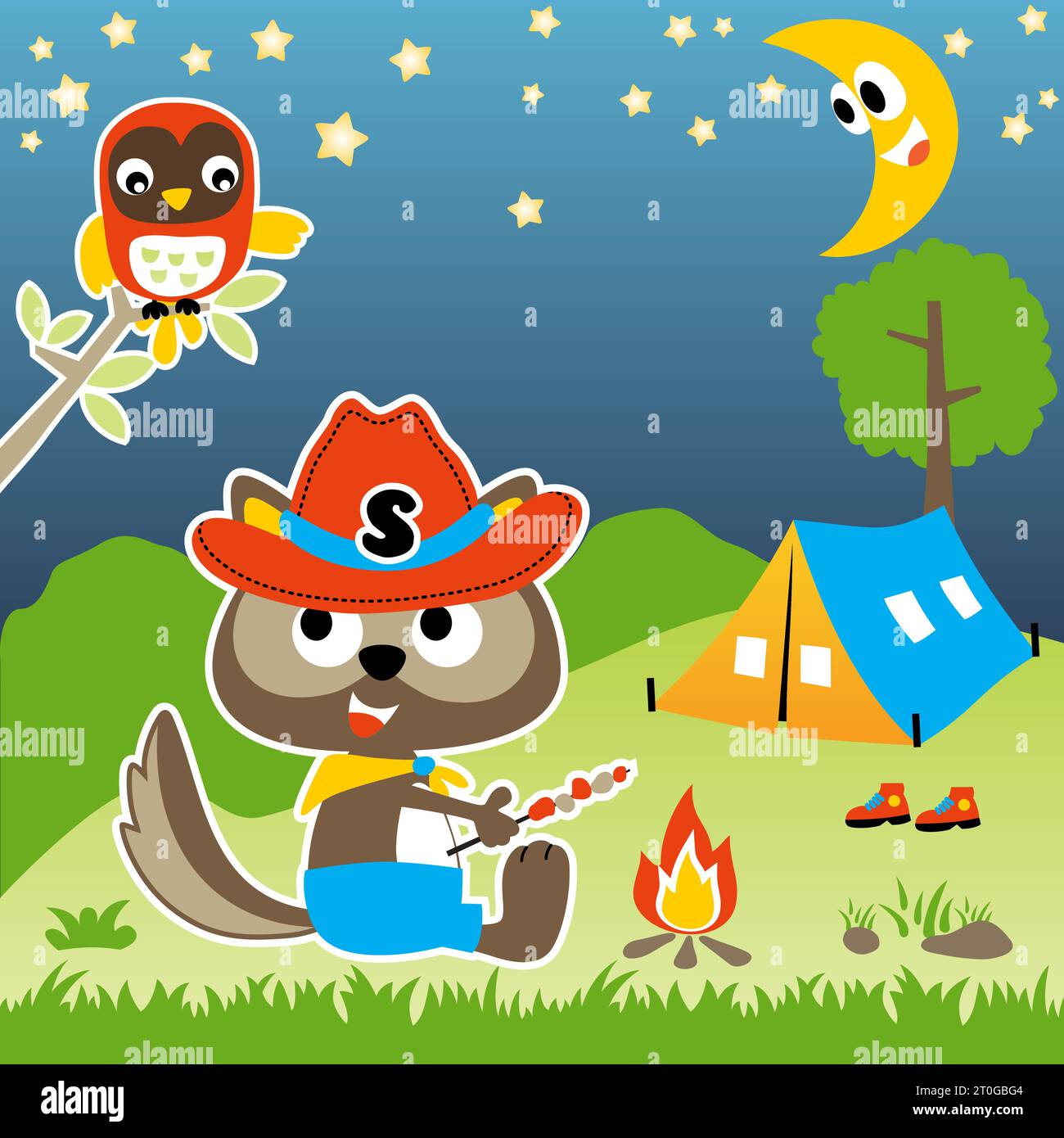 Cute squirrel with owl in camping ground at night, vector cartoon ...