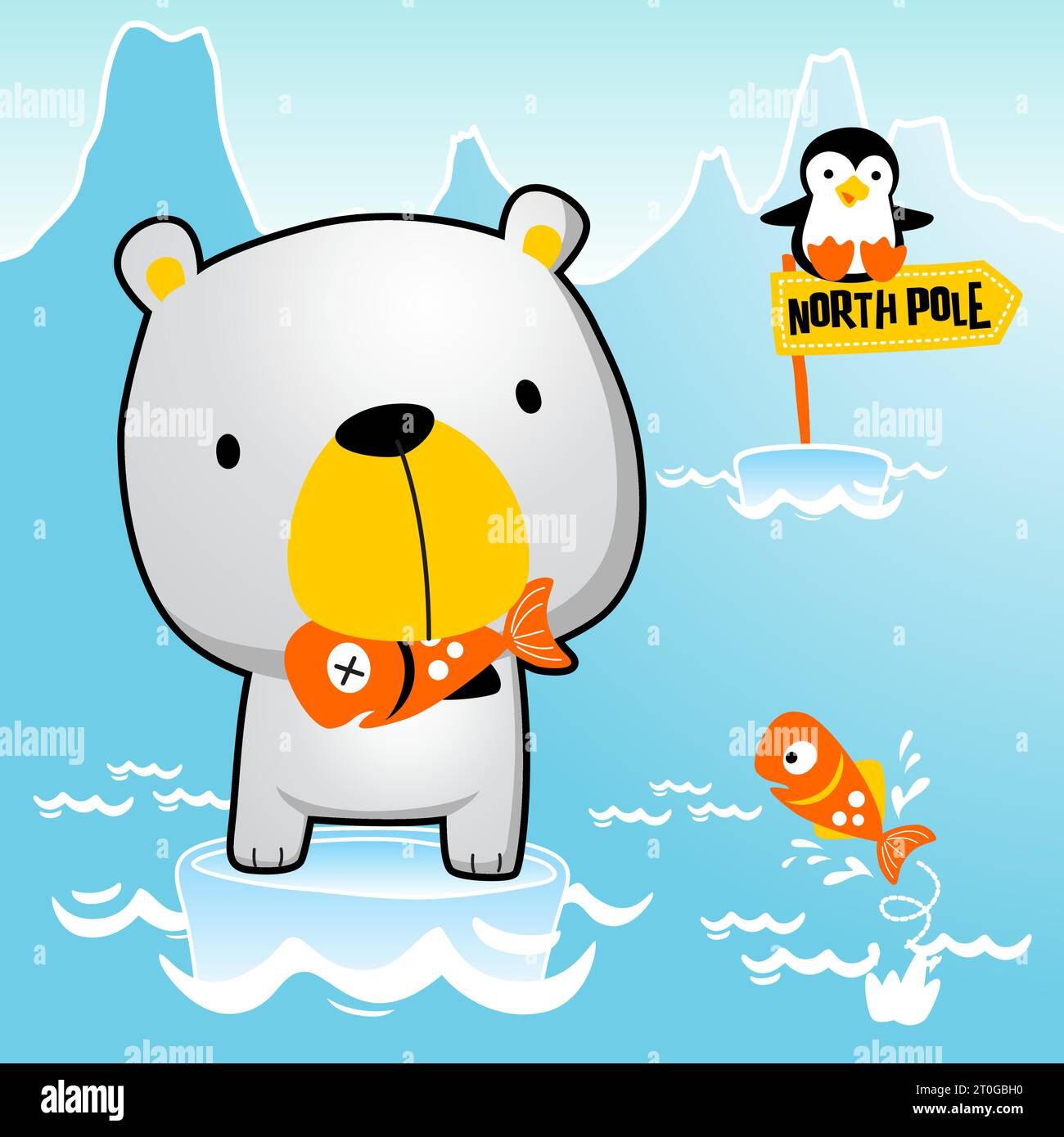 Cute polar bear with little penguin catch fish, north pole life, vector ...
