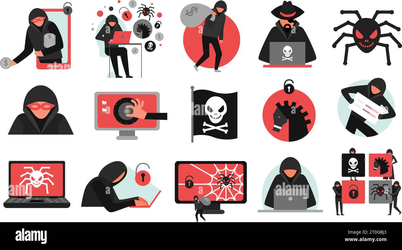 Hacker activity set of black red icons breaking of account malware and ...