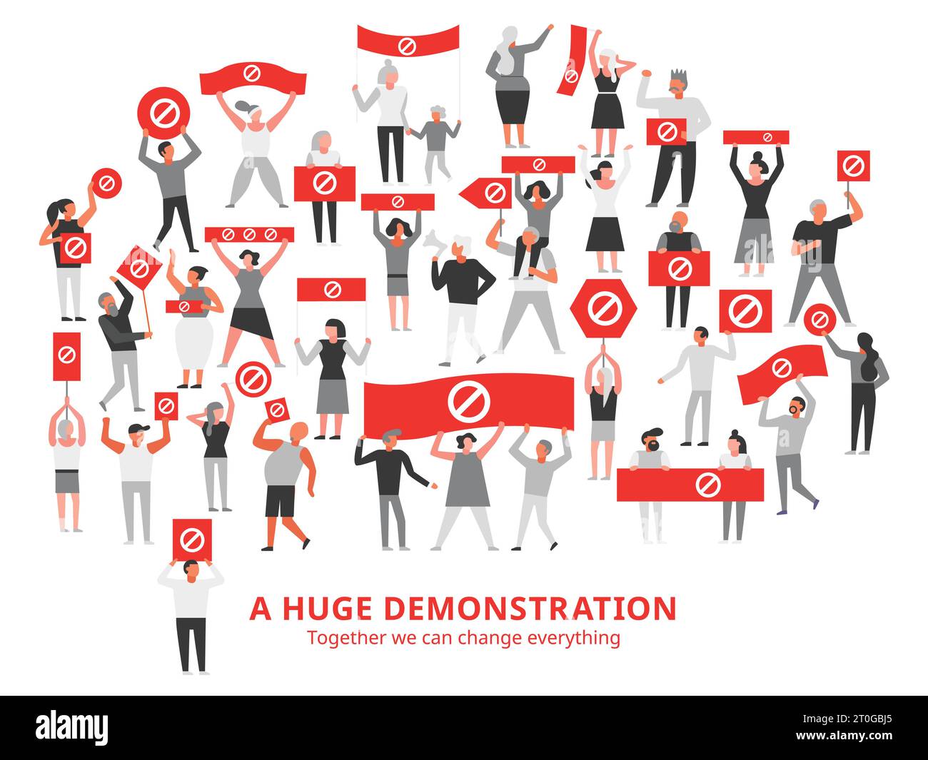 Crowd of protesting people with prohibiting sign on red placards during ...