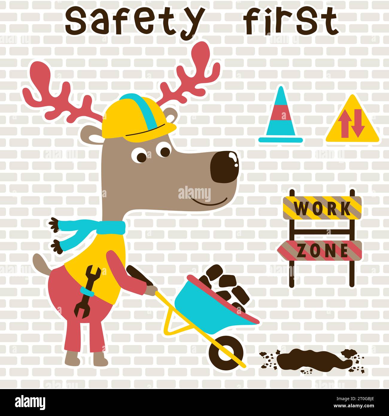 Funny stag pushing wheelbarrow with construction signs on bricks ...