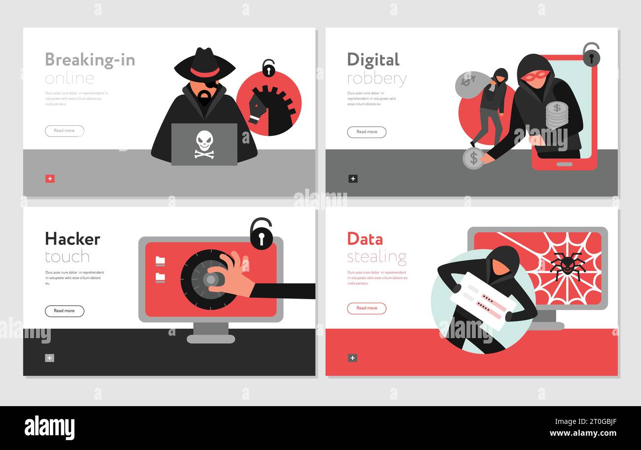 Hacker activity set of horizontal banners breaking of computer systems ...
