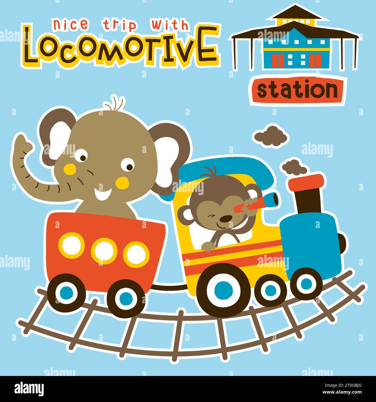 Funny elephant and monkey on steam train with train station, vector ...