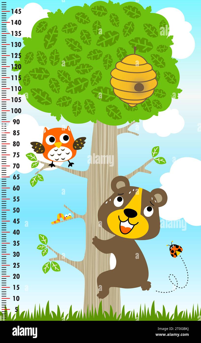 meter wall with big tree and funny animals, bear climbing tree, vector ...