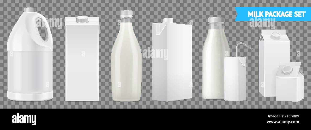 Realistic milk package transparent icon set white bottles in different ...