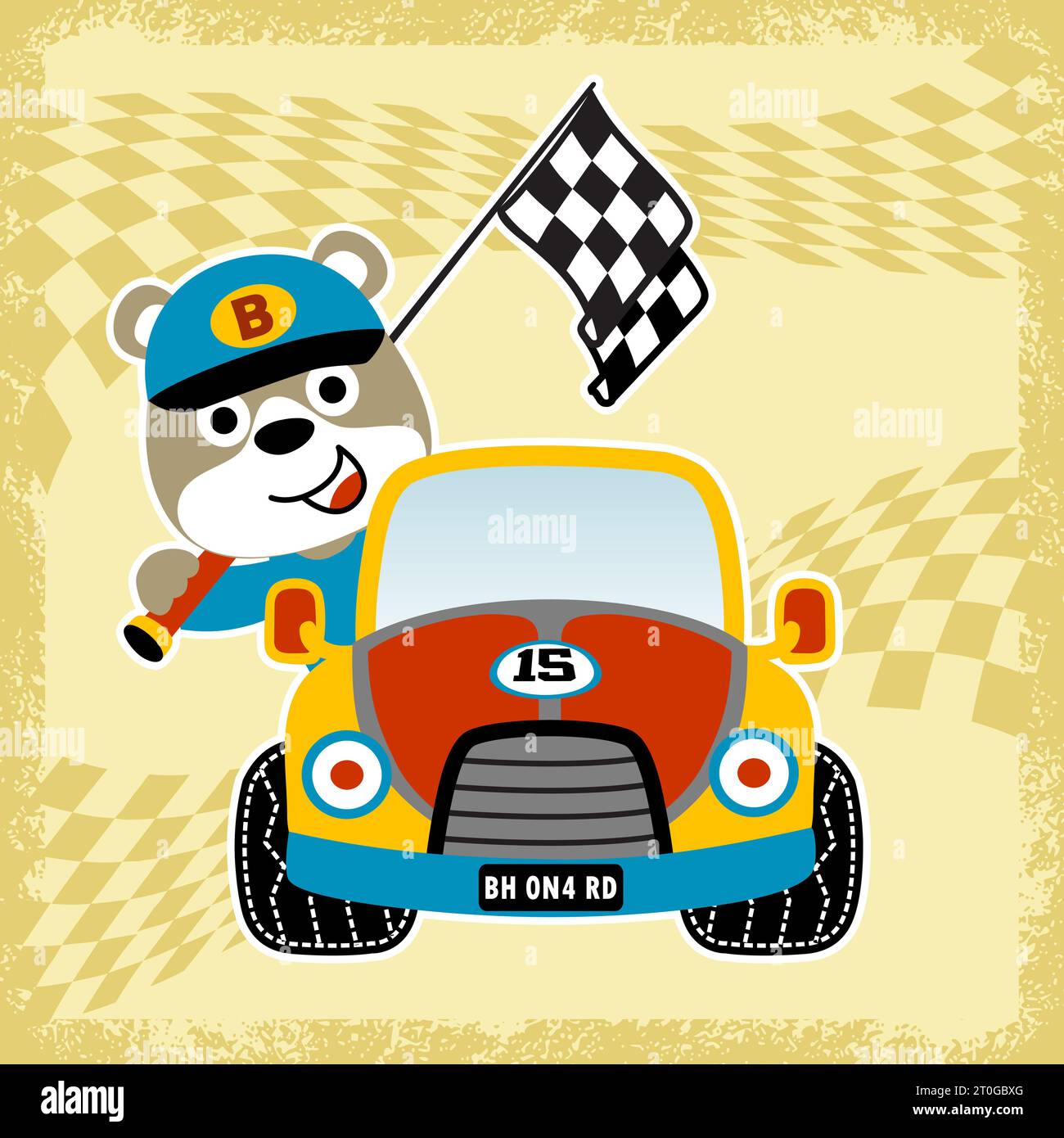 Cute bear on race car with finish flag, vector cartoon illustration ...