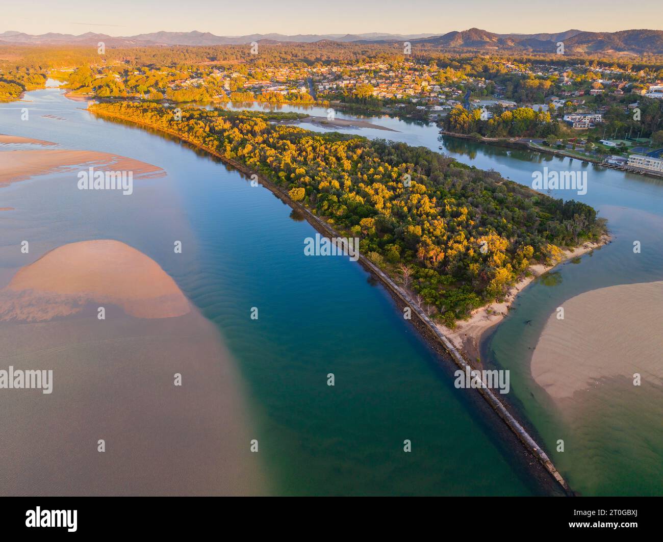 Aerial view of islands in a coastal river system running alongside a ...