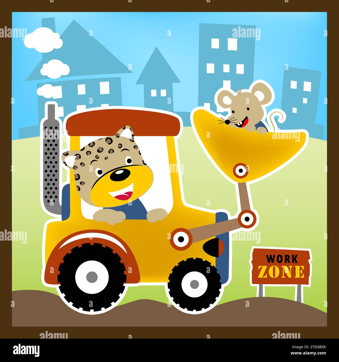 Funny leopard with mice on construction vehicle, vector cartoon ...