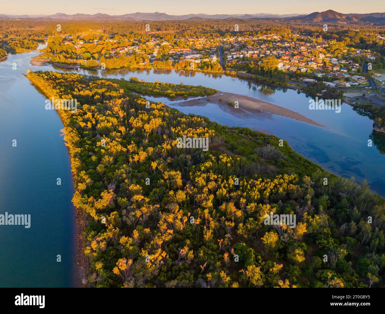 Aerial view of islands in a coastal river system running alongside a ...