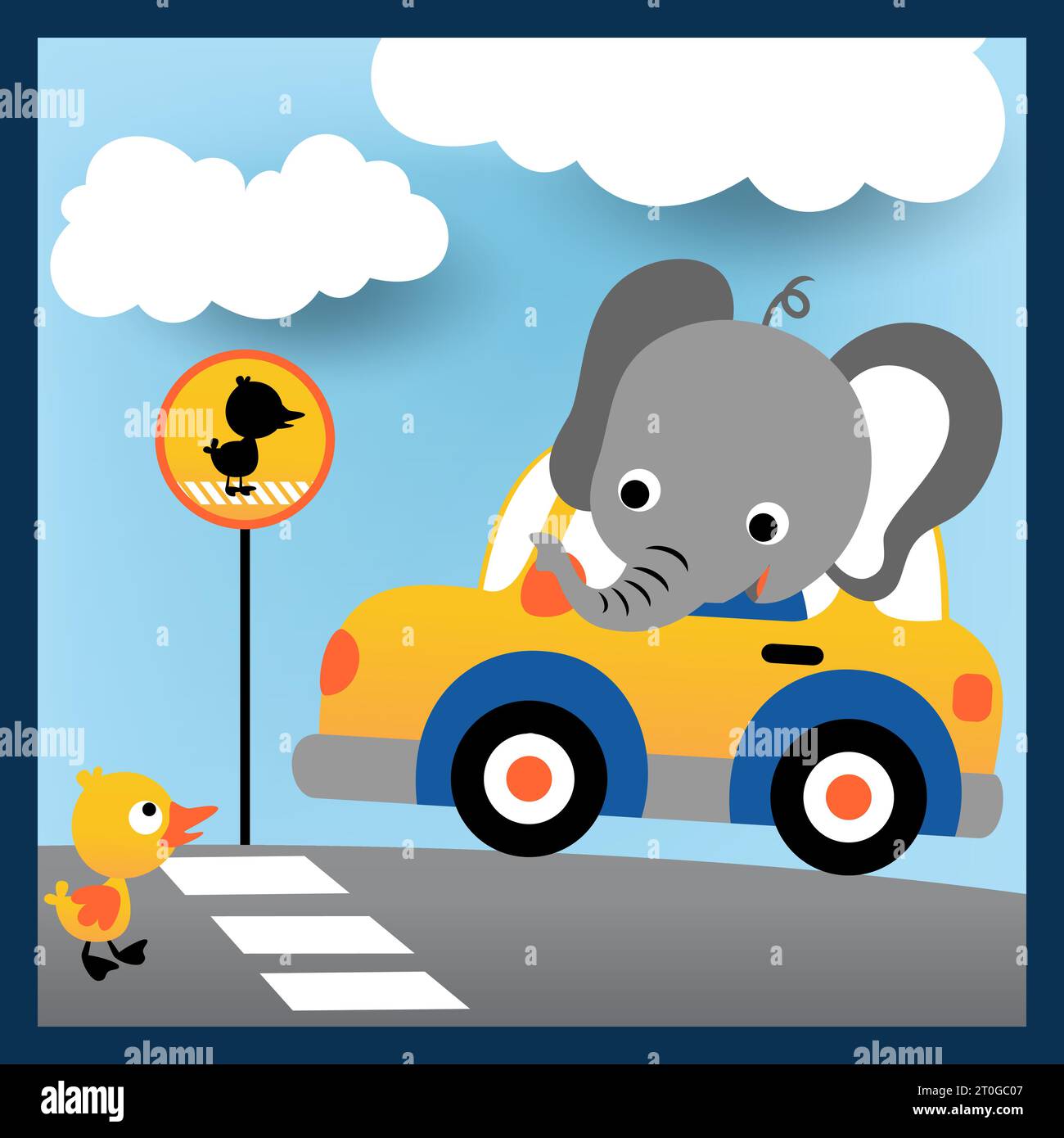 Cute elephant on car with little duck in the road, vector cartoon ...
