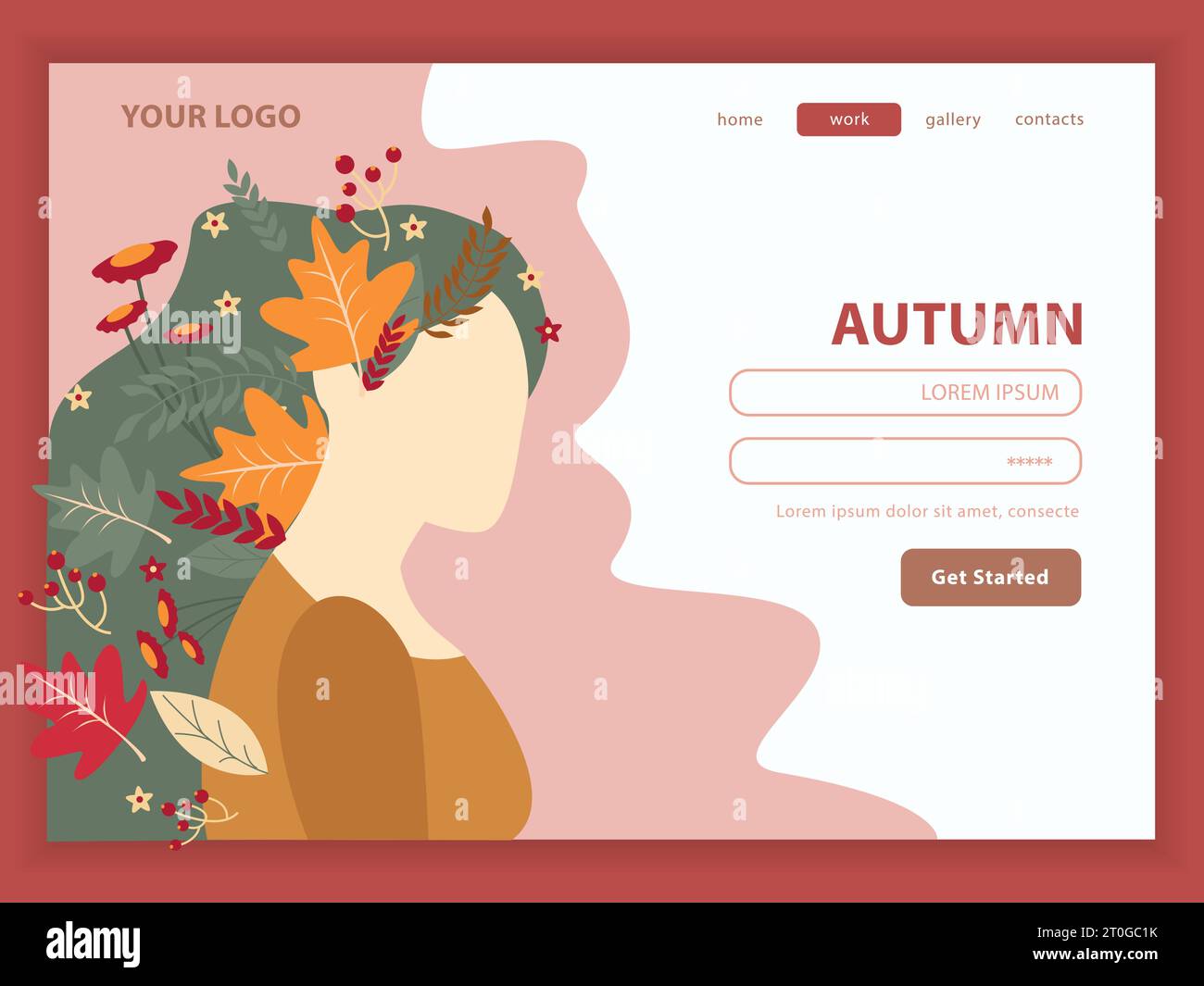 Autumn nature girl with flowers and leaves in hair landing page with ...
