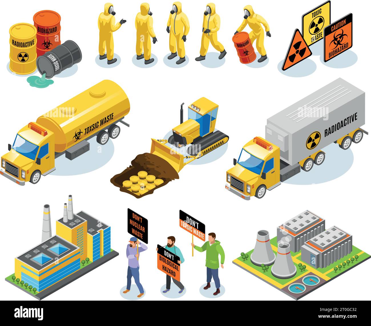 Toxic waste isometric icons with nuclear power plant biological ...