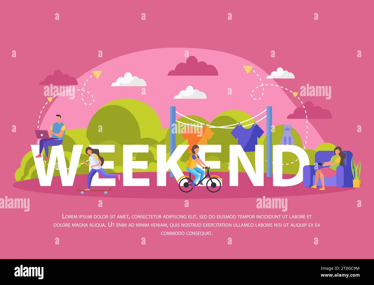 Lazy weekends people flat poster with big weekend headline and people ...
