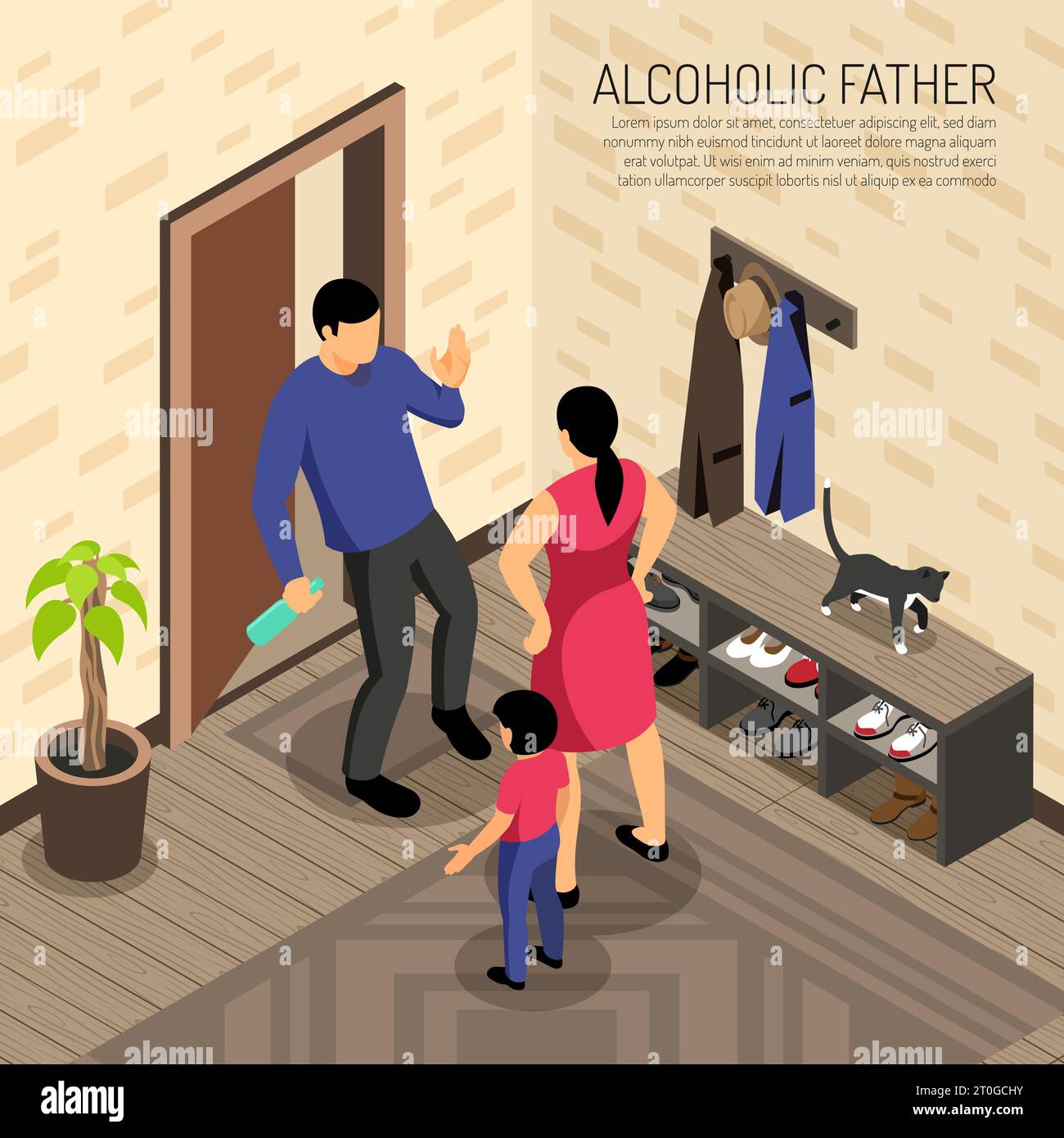 Alcoholic father incoming in apartment with bottle in hand and mother ...