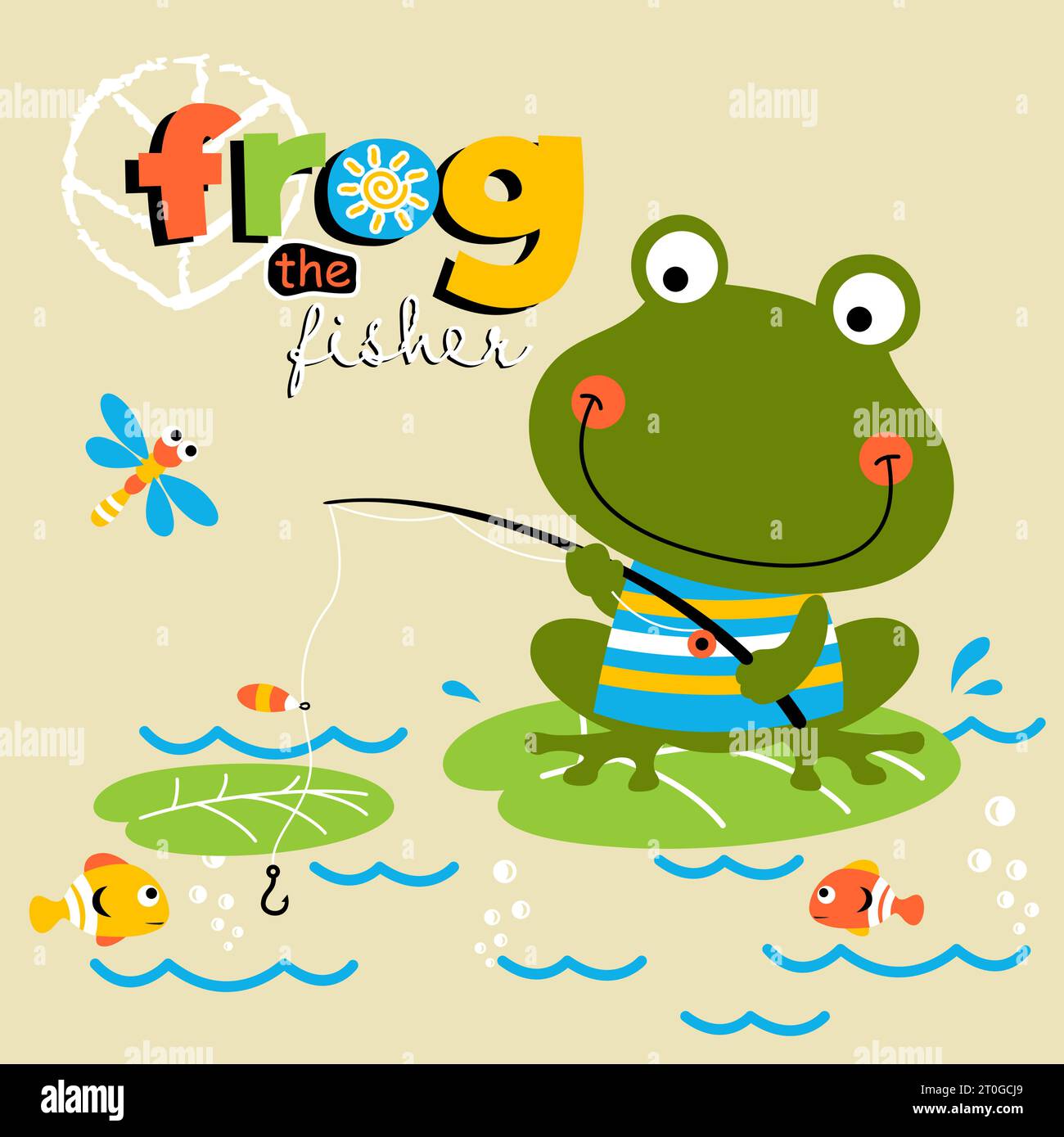 Funny swamp animals, frog fishing time, vector cartoon illustration ...