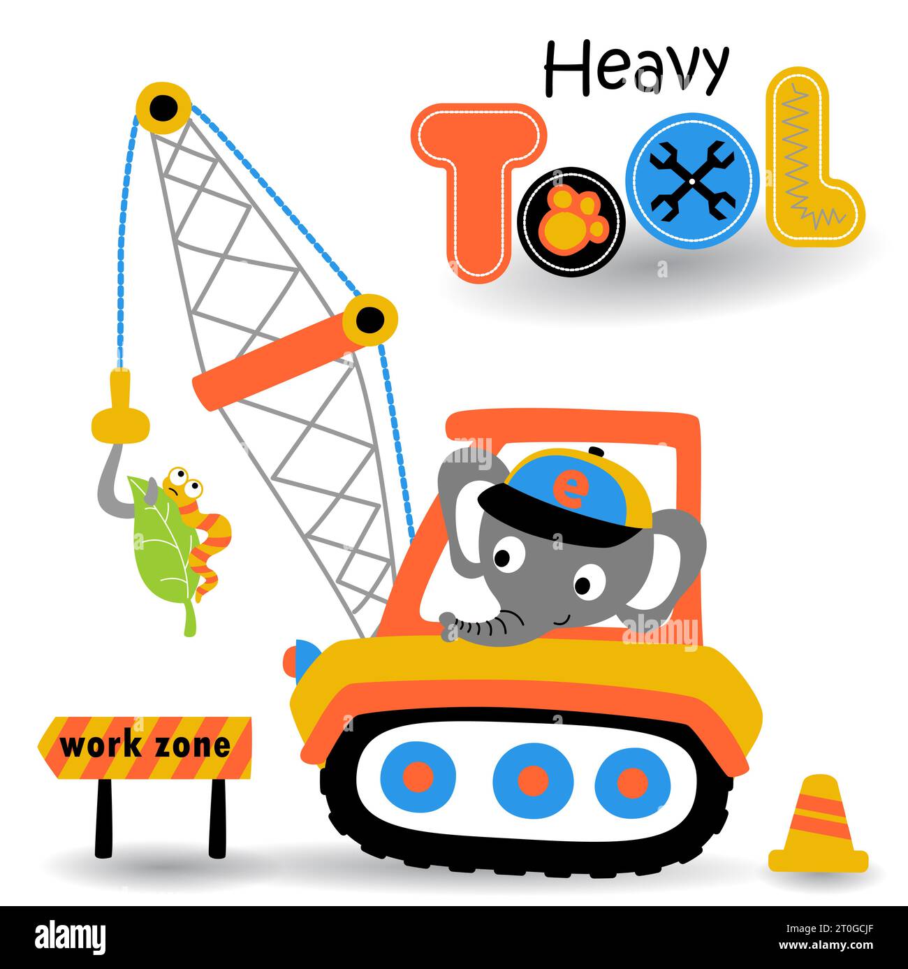 Cute elephant driving a construction vehicle with caterpillar, vector ...