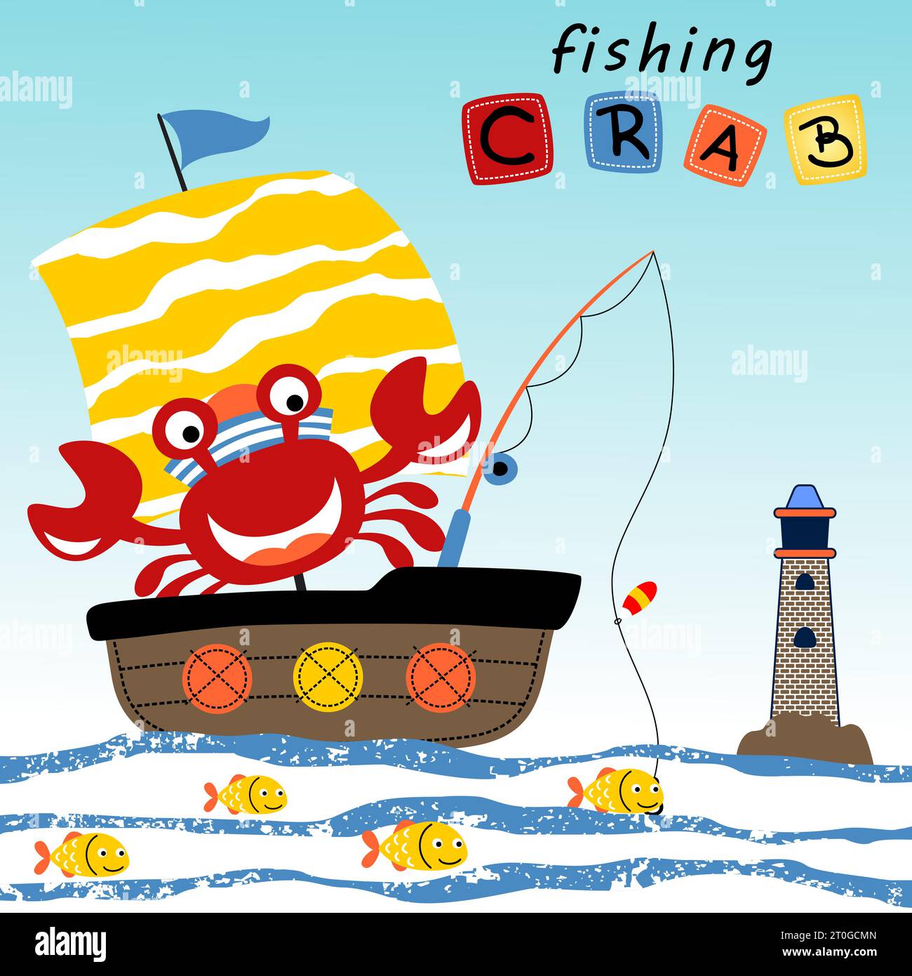 Funny crab fishing with sailboat, sailing elements, vector cartoon ...
