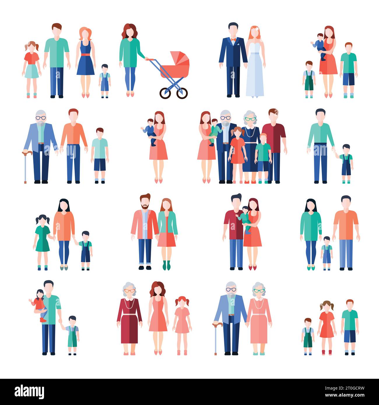 Family flat style images set with married couples parents and children ...