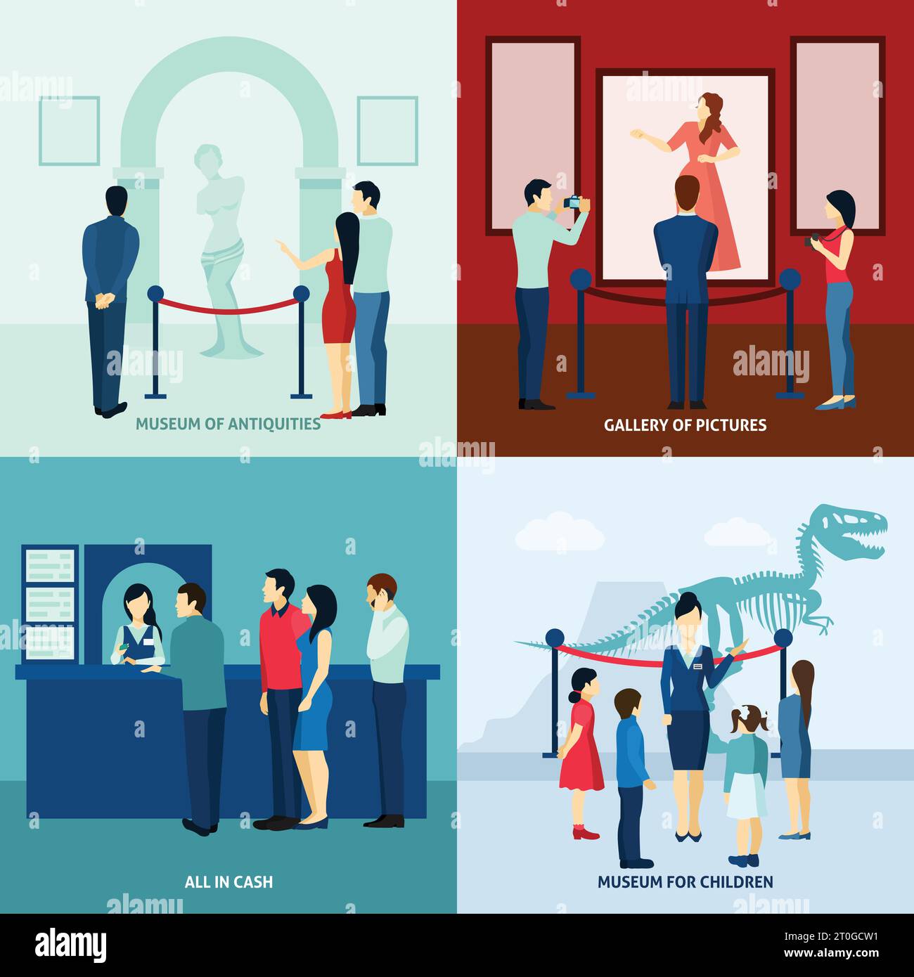 Art gallery for children in museum of antiquity 4 flat icons ...